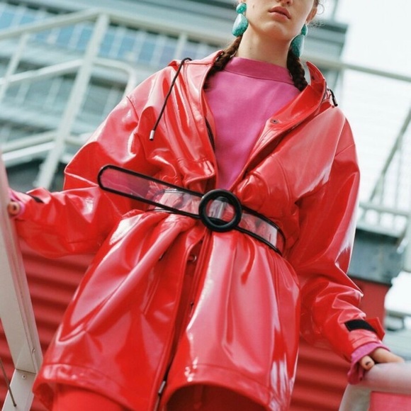 Zara | Jackets & Coats | Zara Trf Laser Red Faux Patent Leather ...